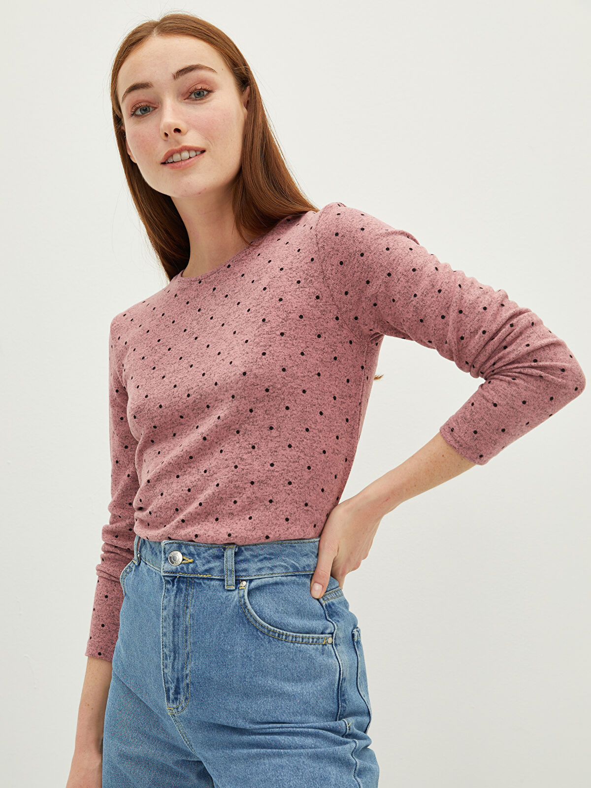 LCW BASIC Bisiklet Yaka Puantiyeli Uzun Kollu Kadın Tişört