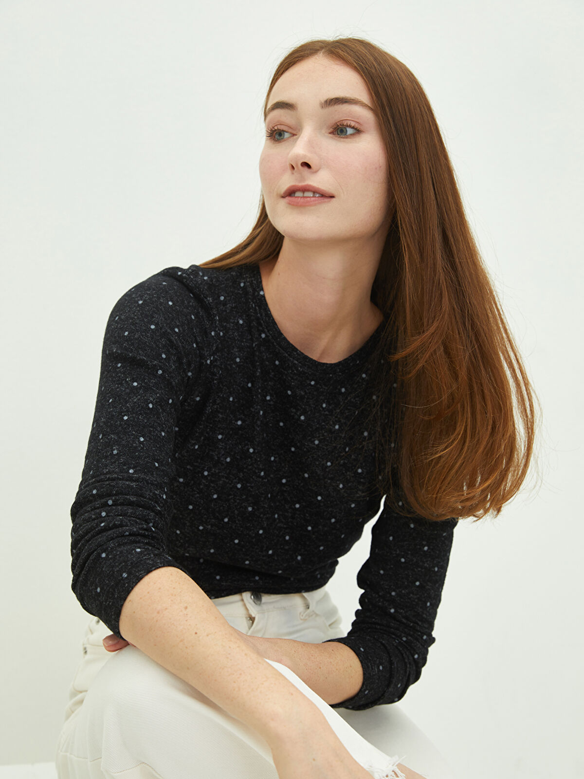 LCW BASIC Bisiklet Yaka Puantiyeli Uzun Kollu Kadın Tişört