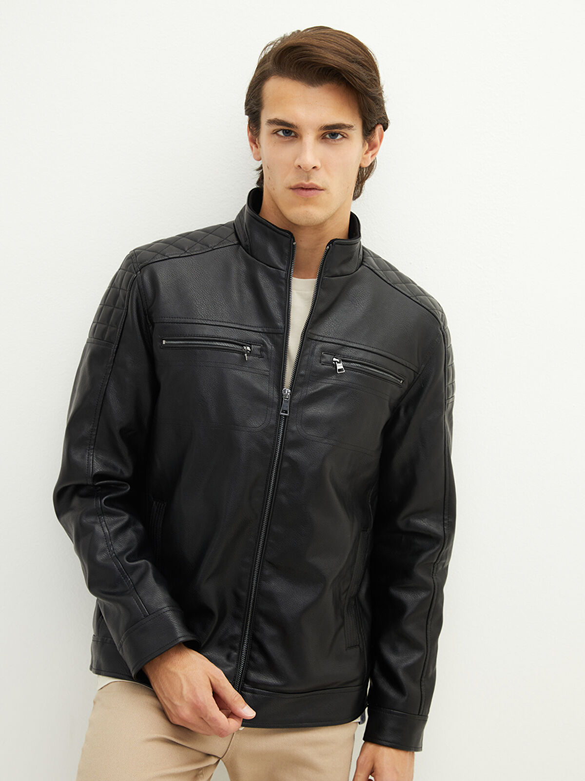 LCW CLASSIC Standart Kalıp Dik Yaka Erkek Deri Görünümlü Mont