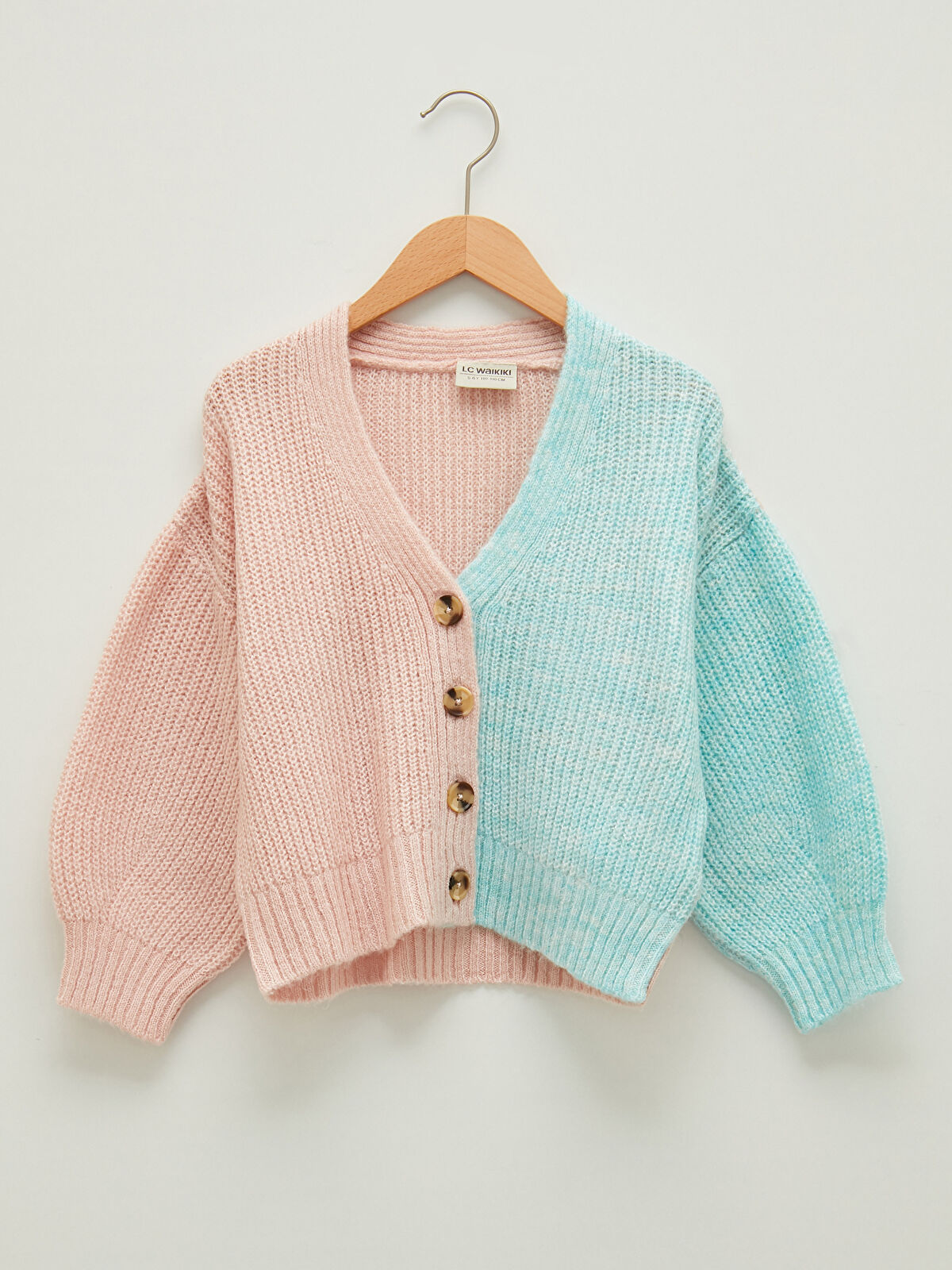 V Yaka Renk Bloklu Uzun Kollu Kız Çocuk Triko Hırka