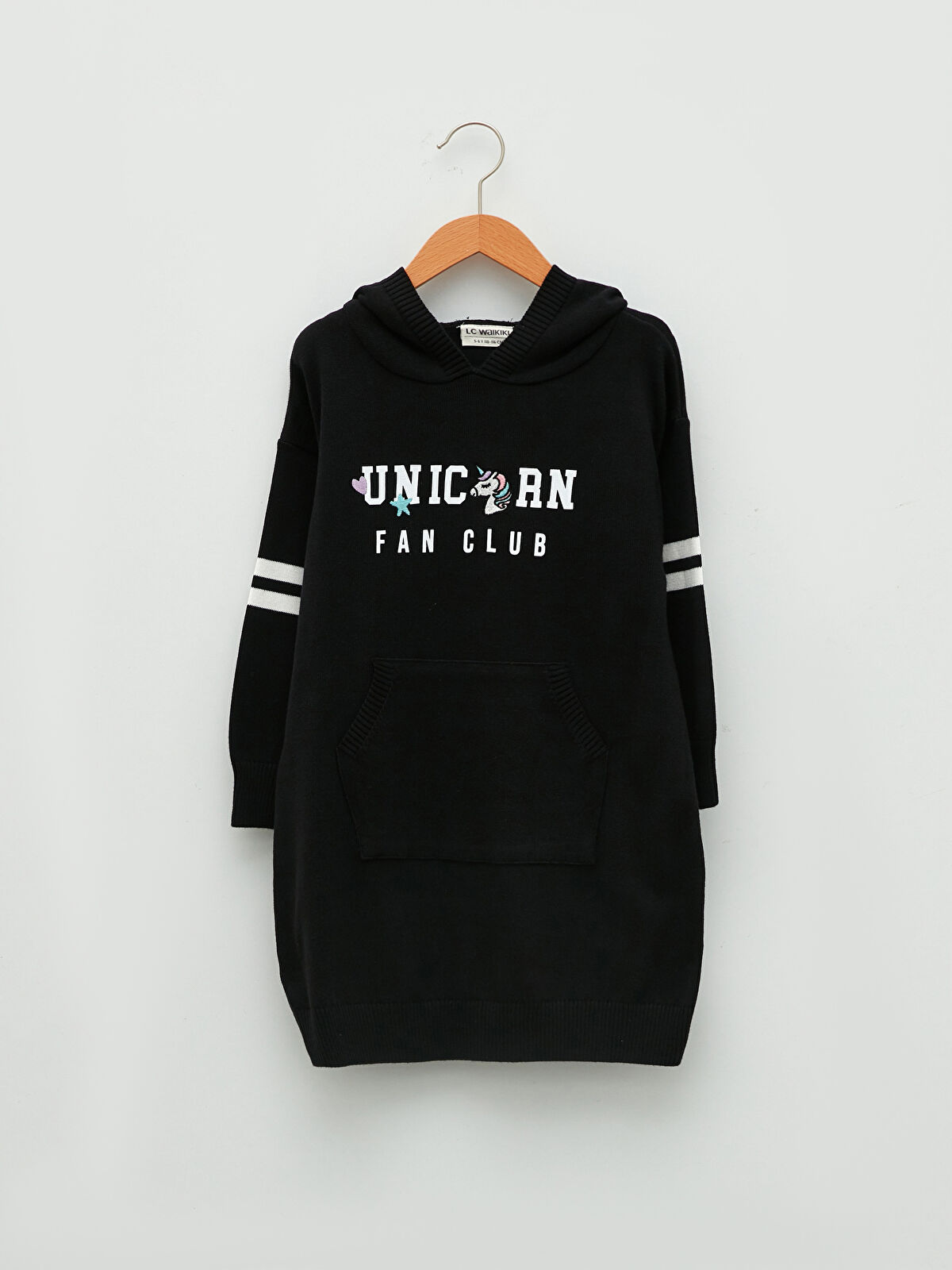 Kapüşonlu Baskılı Uzun Kollu Kız Çocuk Triko Elbise