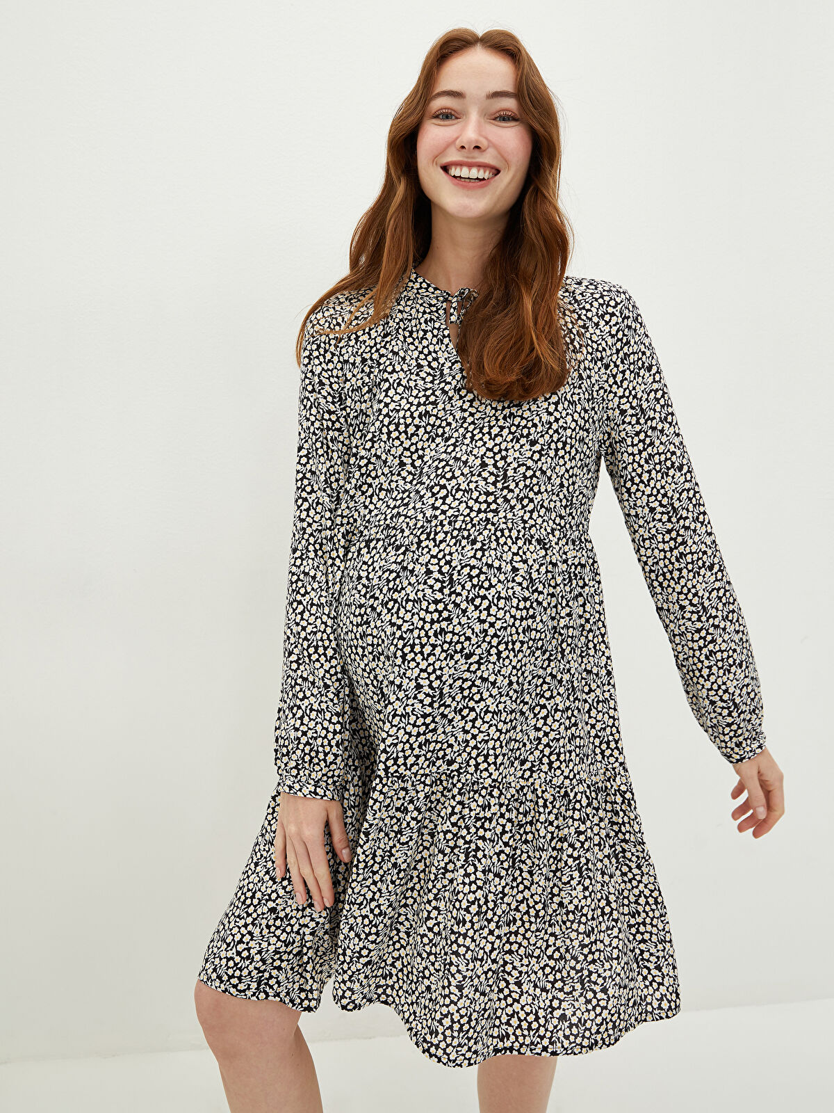 Bağlamalı Hakim Yaka Çiçekli Uzun Kollu Viskon Hamile Elbise