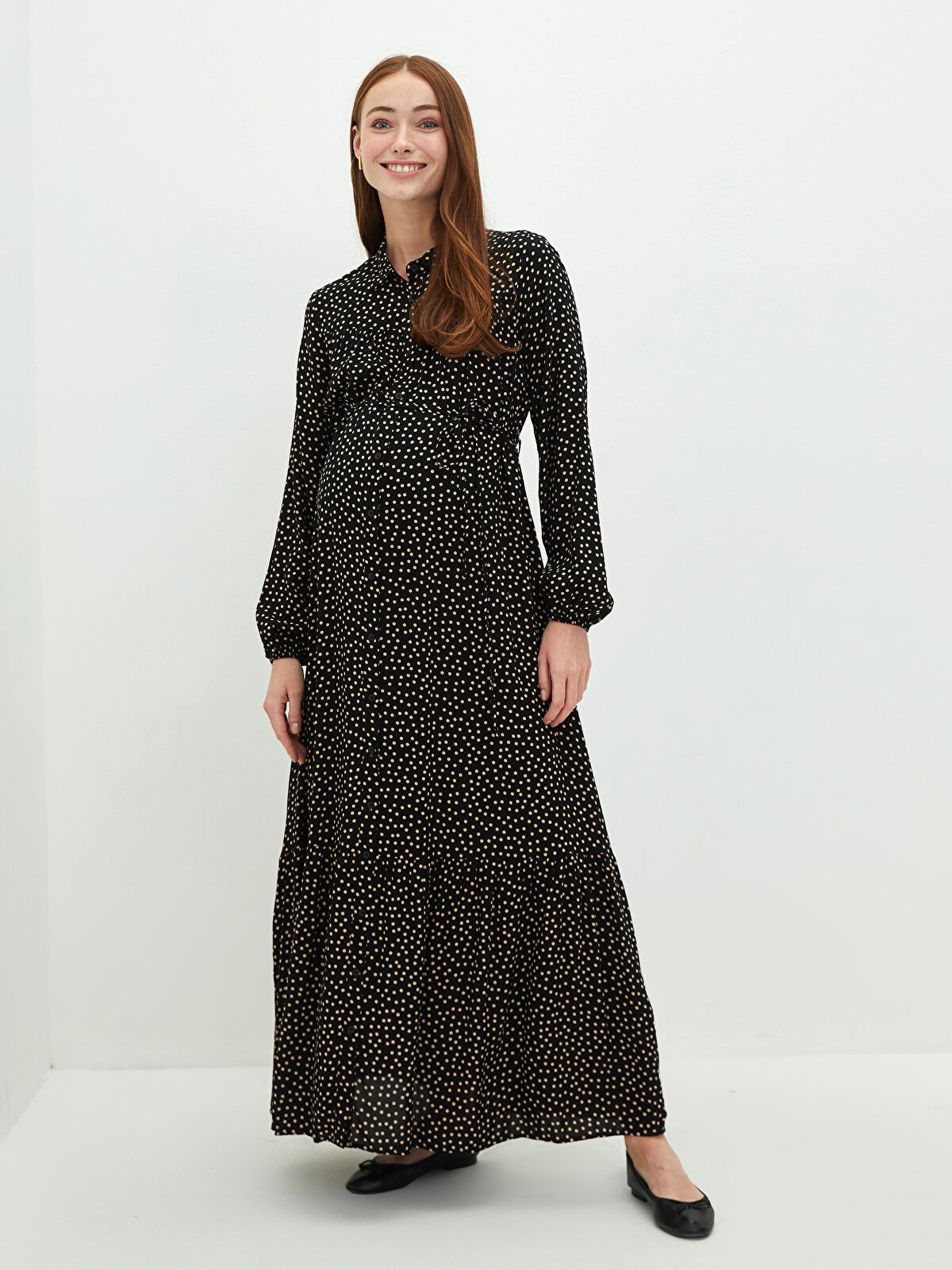 Gömlek Yaka Puantiyeli Uzun Kollu Viskon Hamile Elbise