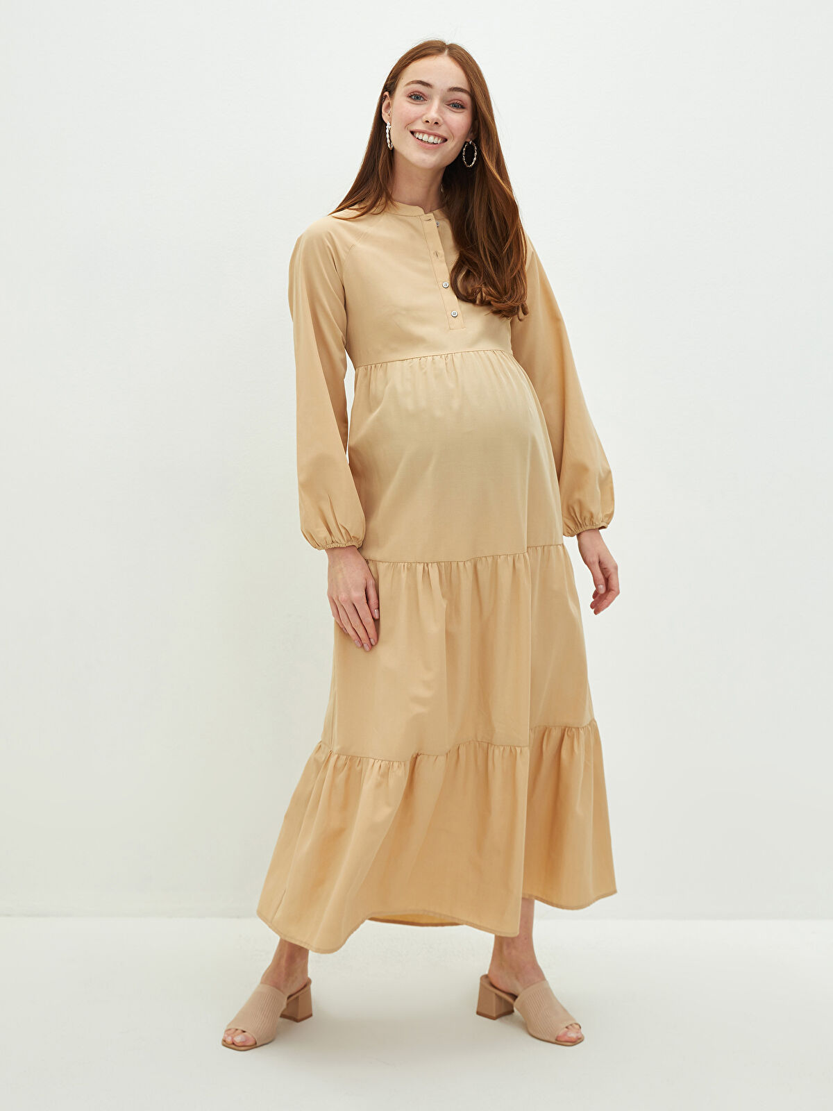 Hakim Yaka Düz Uzun Kollu Poplin Hamile Elbise