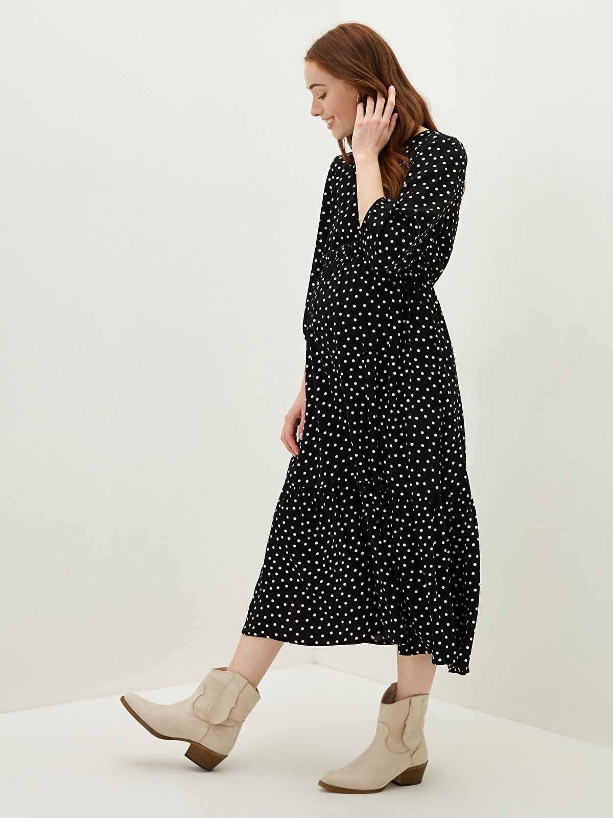 Bisiklet Yaka Puantiyeli Uzun Kollu Viskon Hamile Elbise