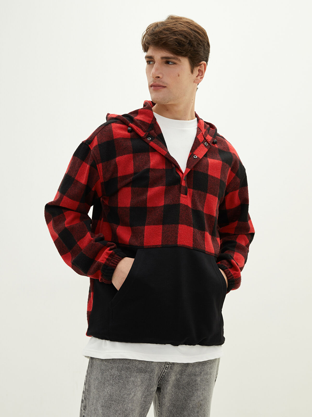 Oversize Kapüşonlu Uzun Kollu Ekose Gömlek Ceket