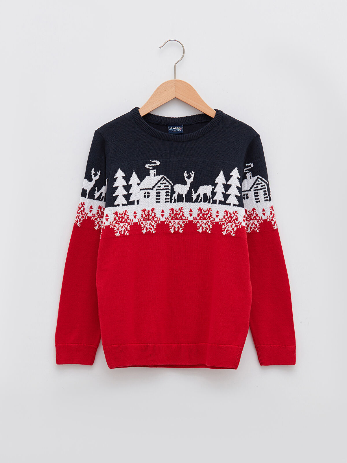 Bisiklet Yaka Yılbaşı Temalı Uzun Kollu Erkek Çocuk İnce Triko Kazak