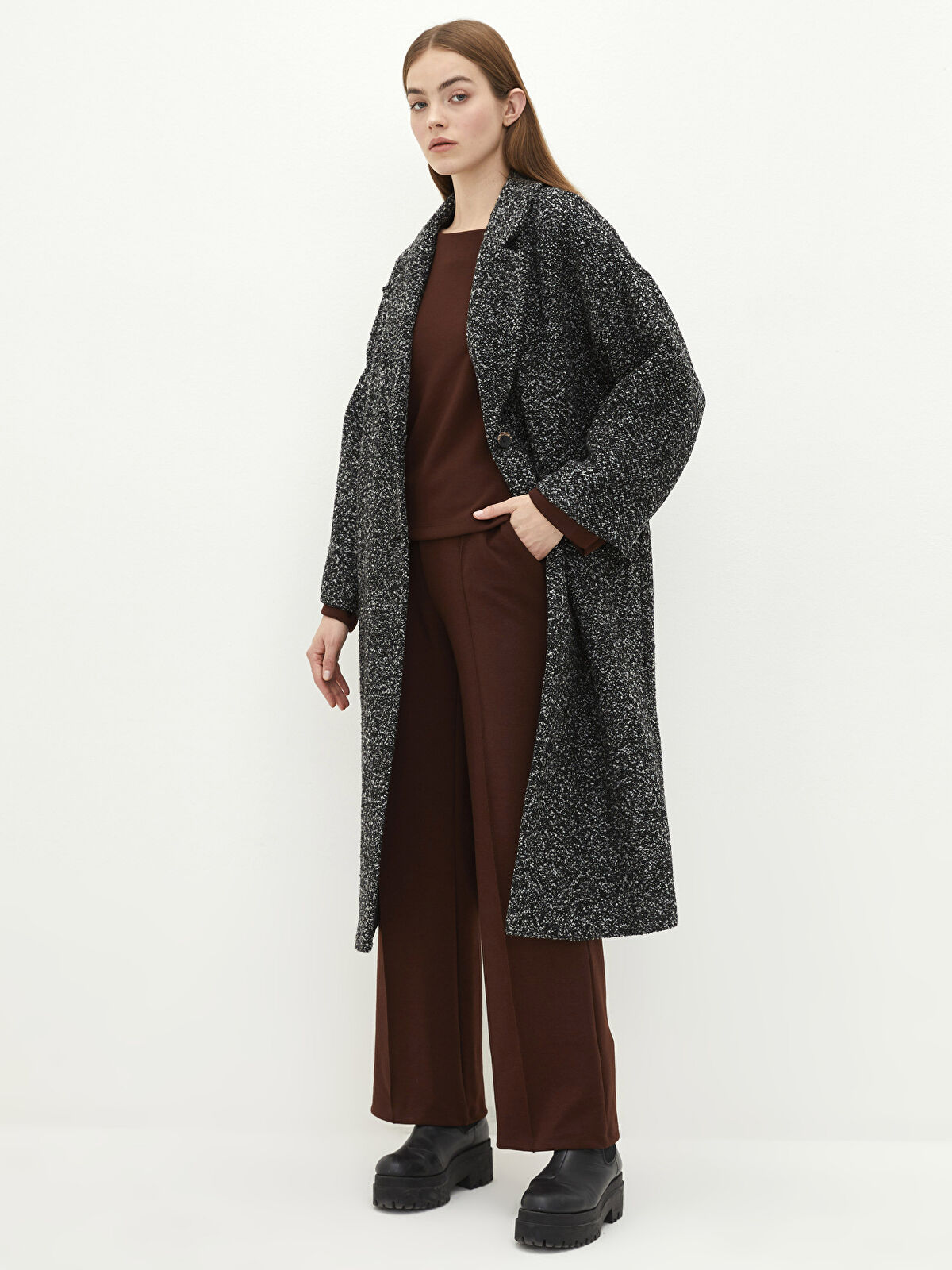 LCW VISION Ceket Yaka Düz Uzun Kollu Cep Detaylı Kadın Kaşe Kaban