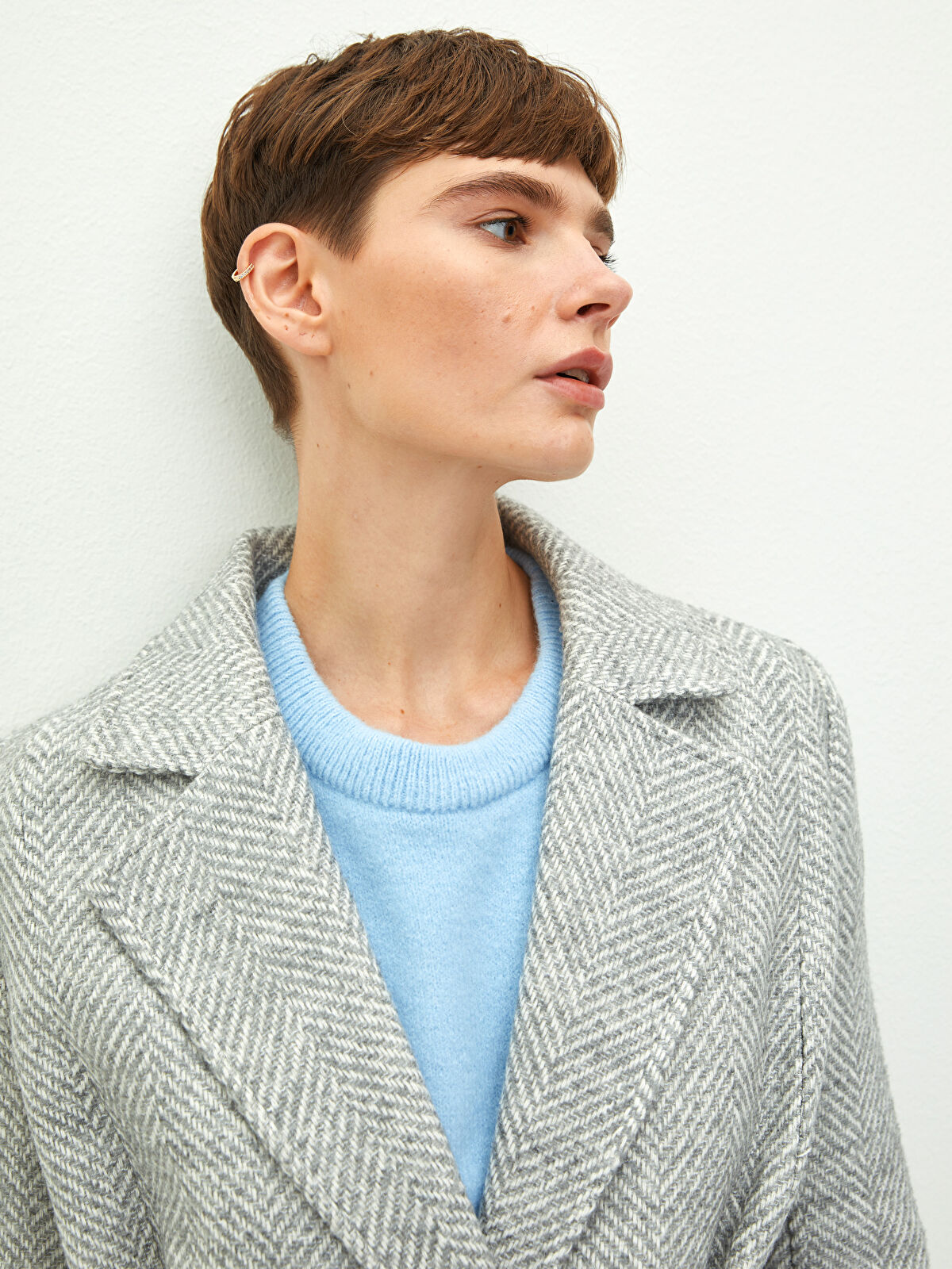 LCW VISION Ceket Yaka Desenli Beli Kuşaklı Uzun Kollu Kalın Kadın Kaşe Kaban