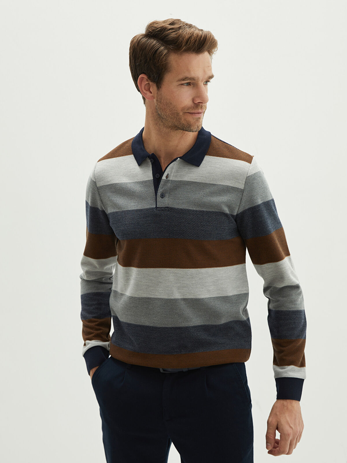 LCW CLASSIC Polo Yaka Uzun Kollu Çizgili Erkek Sweatshirt
