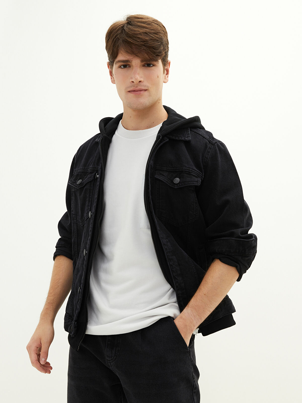 Standart Kalıp Kapüşonlu Erkek Jean Ceket