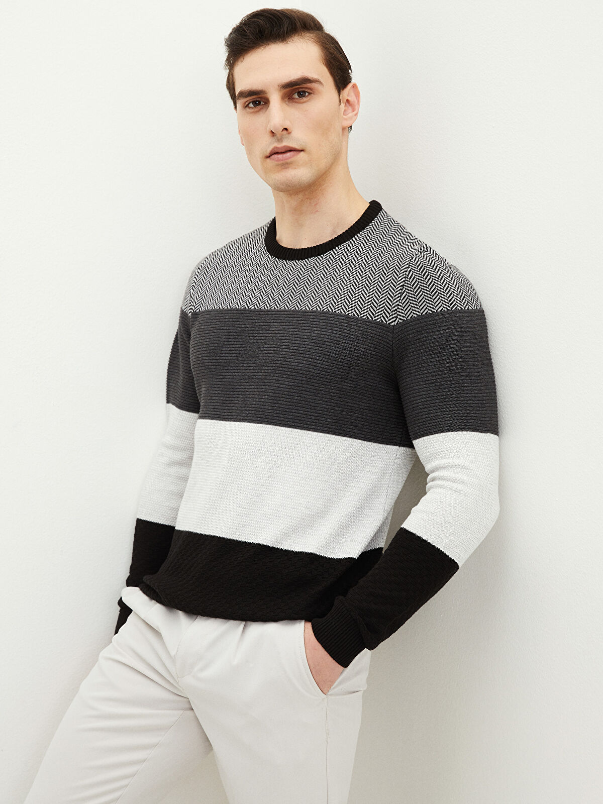 LCW CLASSIC Bisiklet Yaka Uzun Kollu Renk Bloklu Erkek Triko Kazak