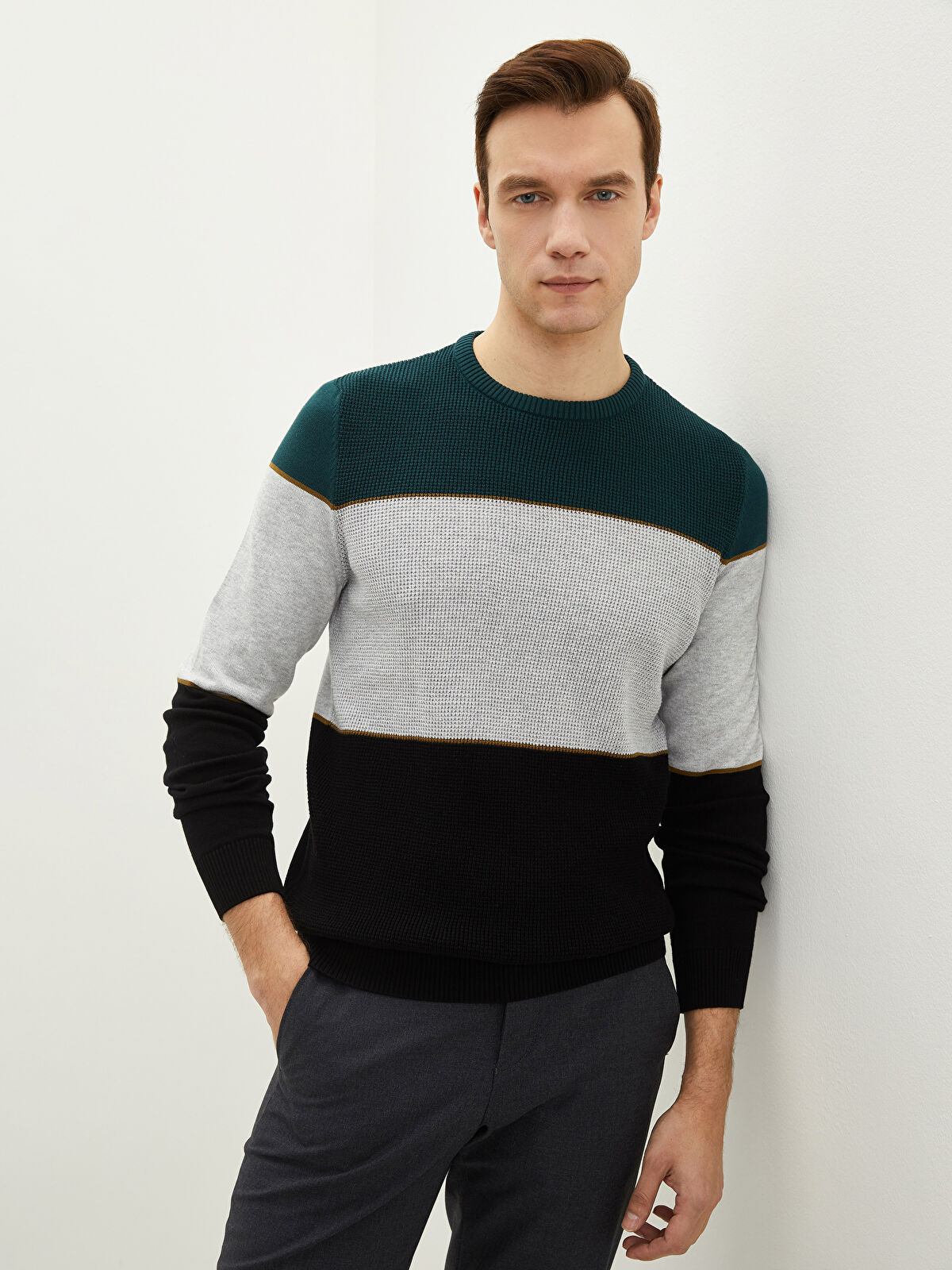 LCW CLASSIC Bisiklet Yaka Uzun Kollu Renk Bloklu Erkek Triko Kazak