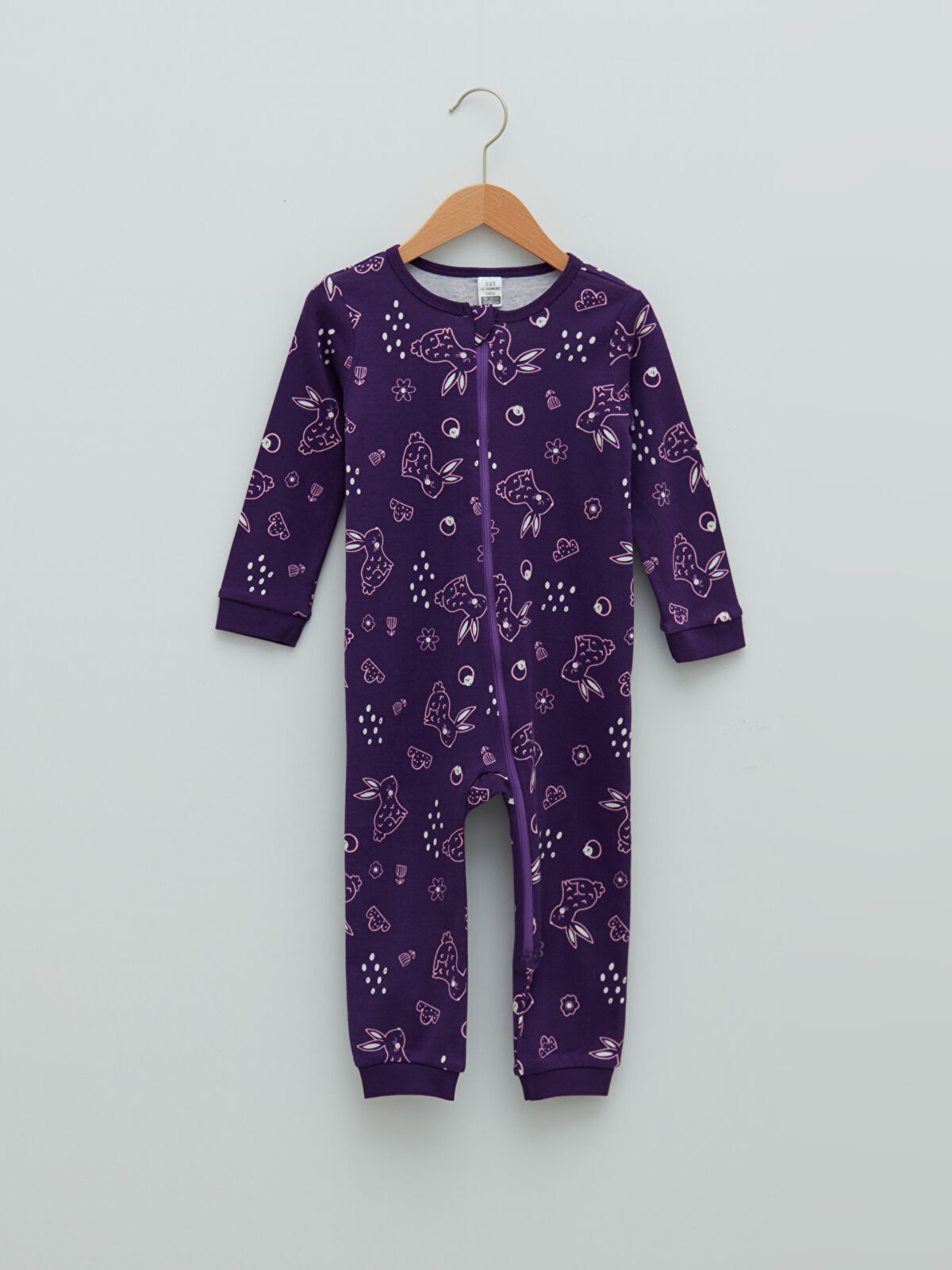 Bisiklet Yaka Uzun Kollu Baskılı Pamuklu Kız Bebek Fermuarlı Tulum