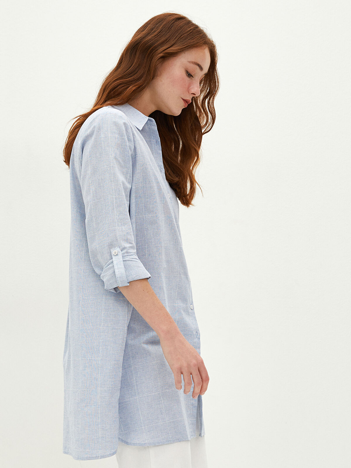 Gömlek Yaka Kareli Uzun Kollu Pamuklu Kadın Tunik