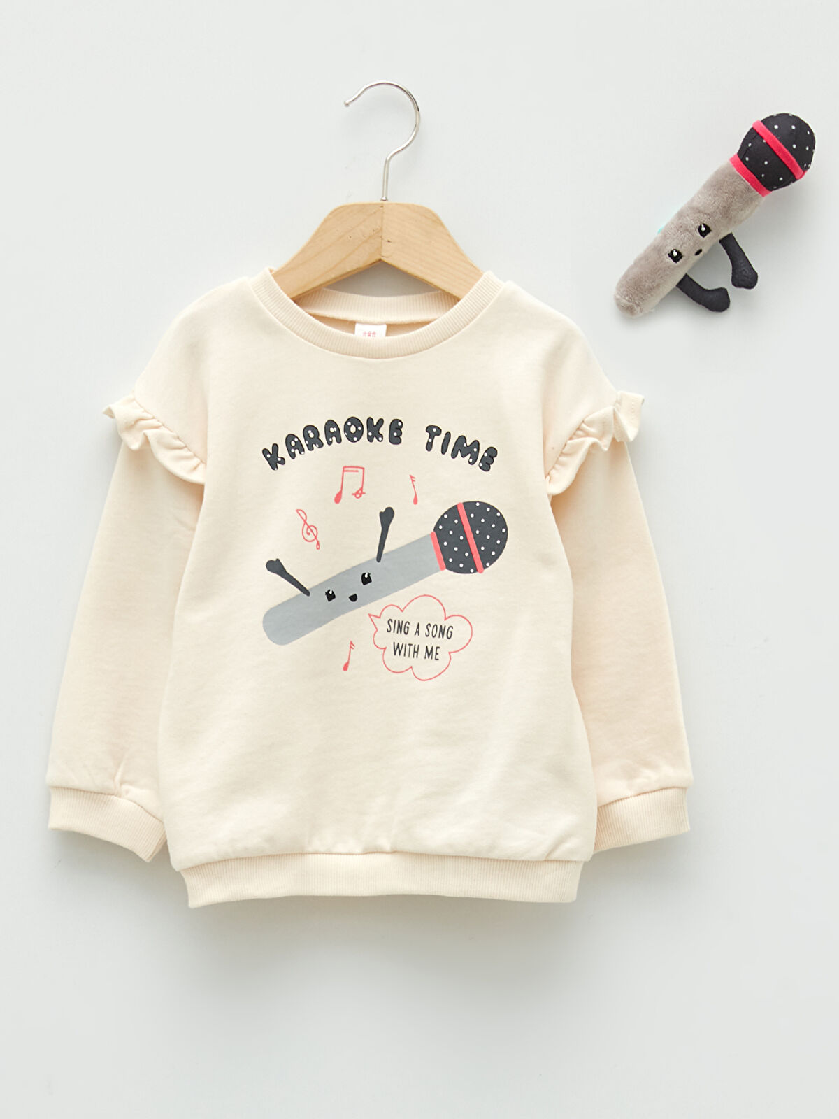 Bisiklet Yaka Uzun Kollu Baskılı Pamuklu Kız Bebek Sweatshirt ve Oyuncak