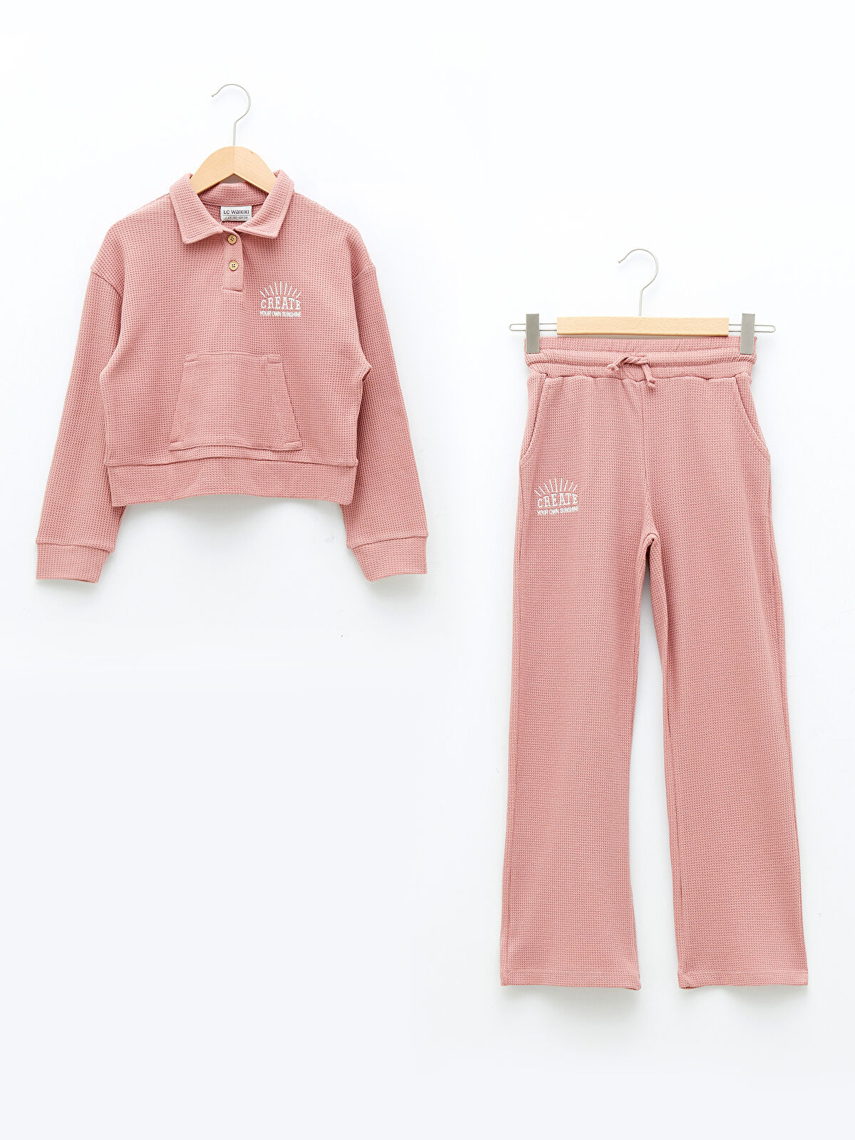 Polo Yaka Nakış Detaylı Uzun Kollu Oversize Kız Çocuk Sweatshirt ve Pantolon