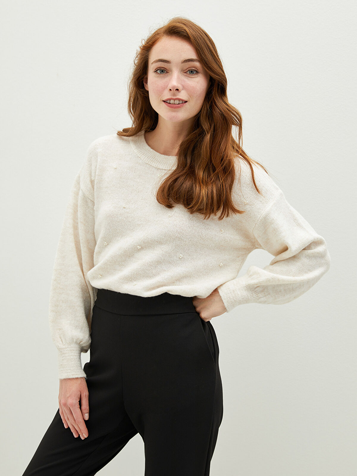 Bisiklet Yaka İnci Detaylı Uzun Kollu Kadın Triko Kazak