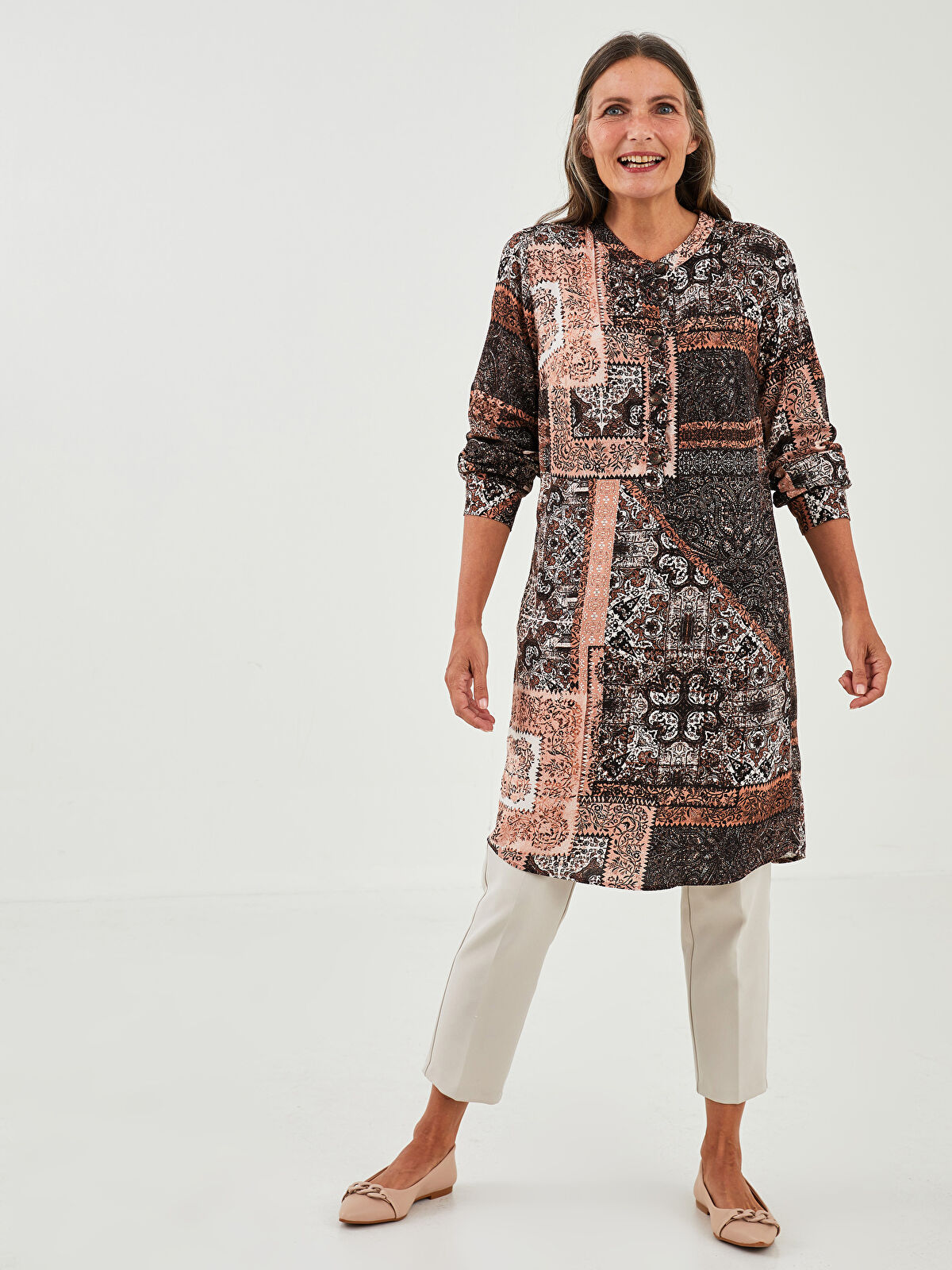 LCW GRACE Hakim Yaka Desenli Uzun Kollu Viskon Kadın Tunik