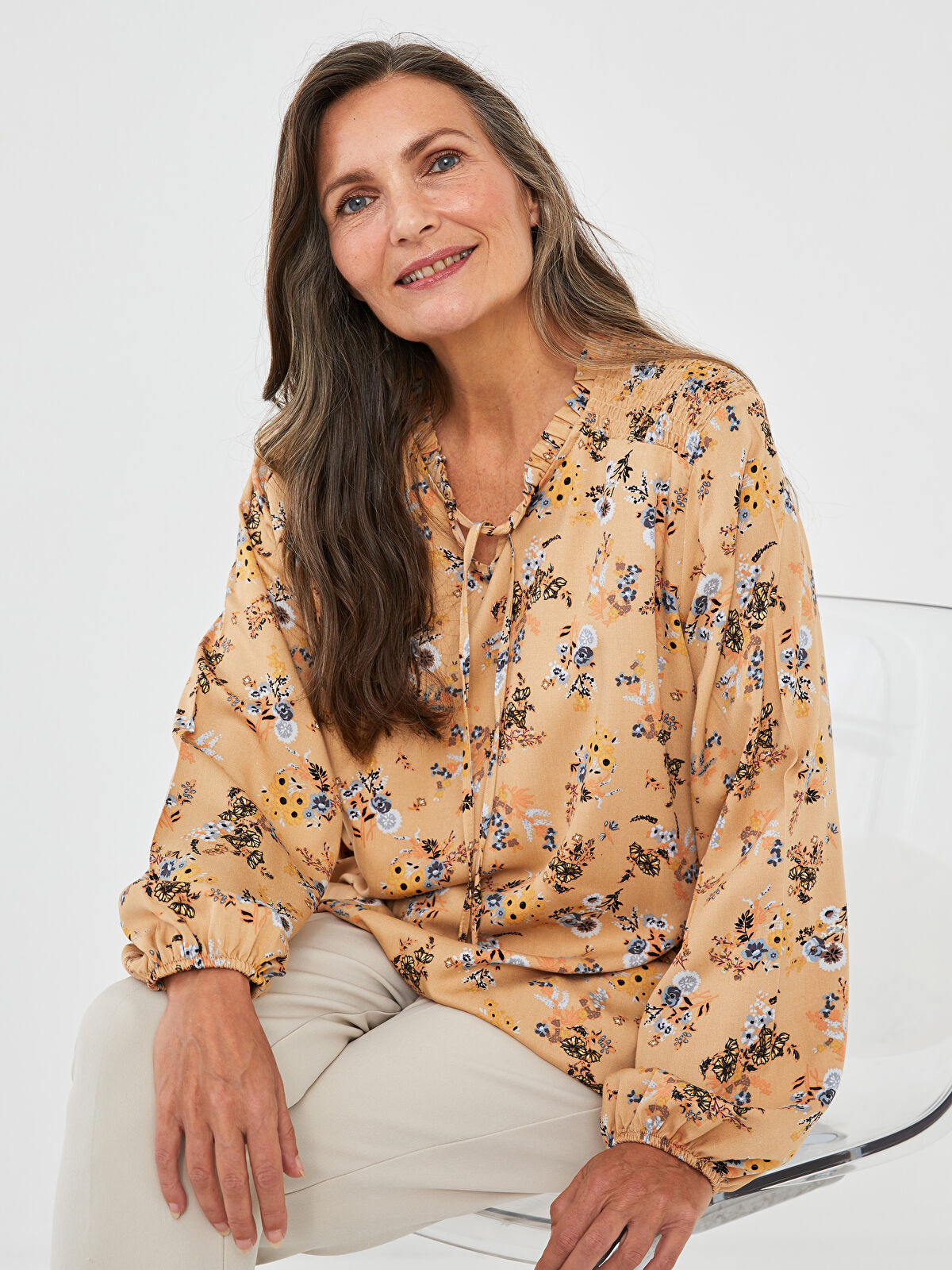 LCW GRACE Bağlamalı Yaka Desenli Uzun Kollu Belmando Kumaş Kadın Bluz