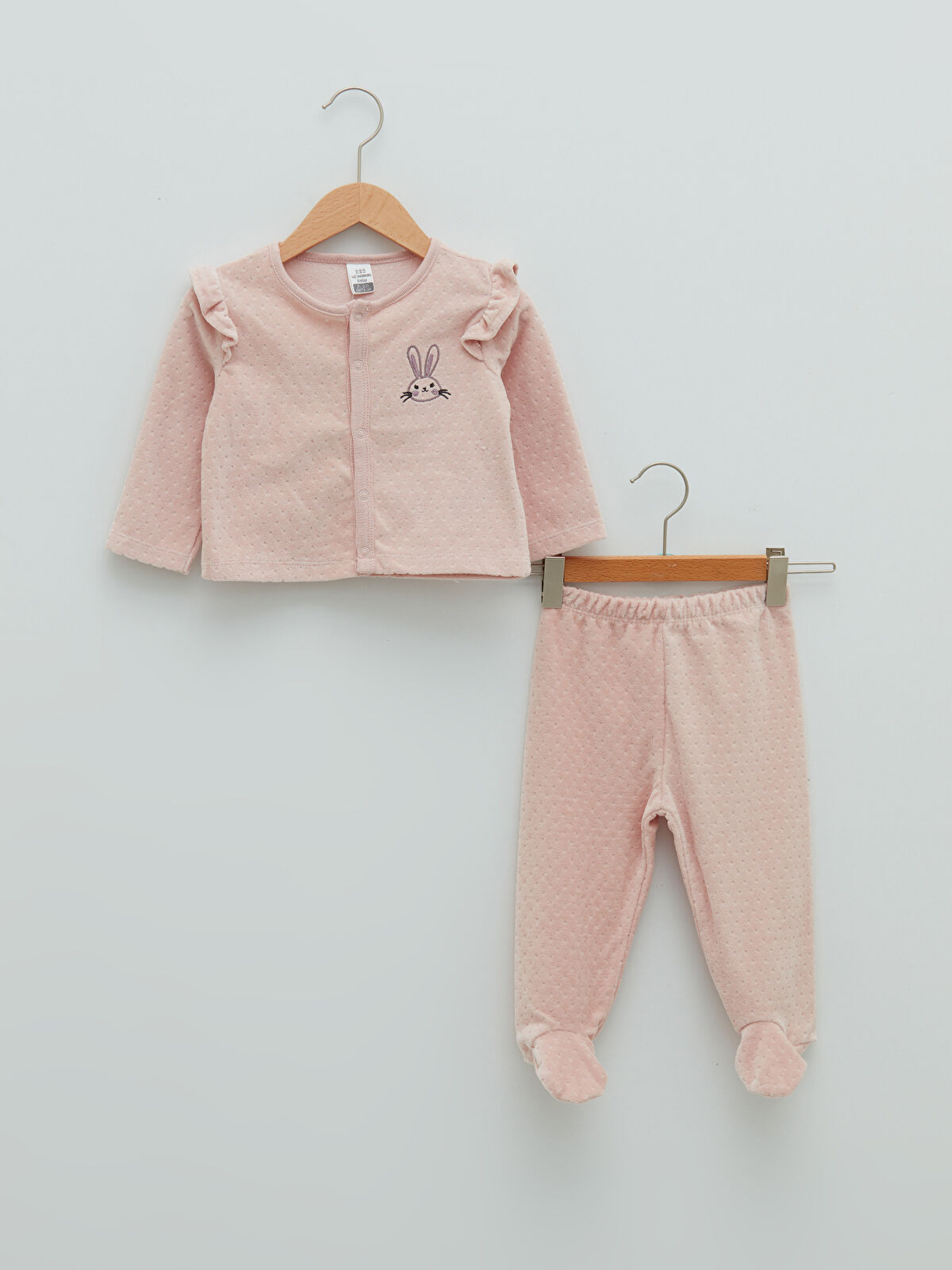 Bisiklet Yaka Nakışlı Uzun Kollu Kız Bebek Hırka ve Pantolon 2'li Takım