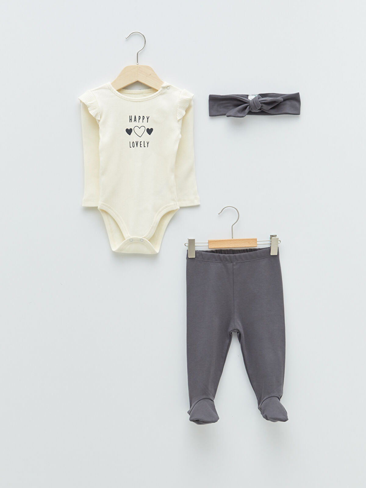 Bisiklet Yaka Uzun Kollu Baskılı Kız Bebek Çıtçıtlı Body Pantolon ve Saç Bandı 3'lü Takım