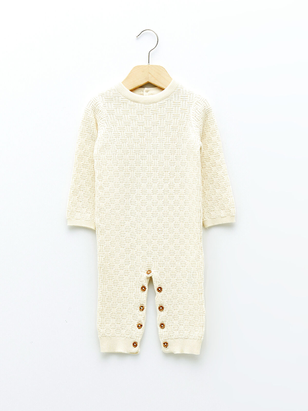 Bisiklet Yaka Uzun Kollu Kendinden Desenli Pamuklu Kız Bebek Triko Tulum