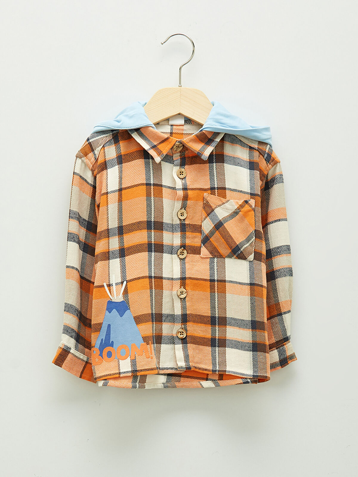 Kapüşonlu Uzun Kollu Ekose Desenli Gabardin Erkek Bebek Gömlek