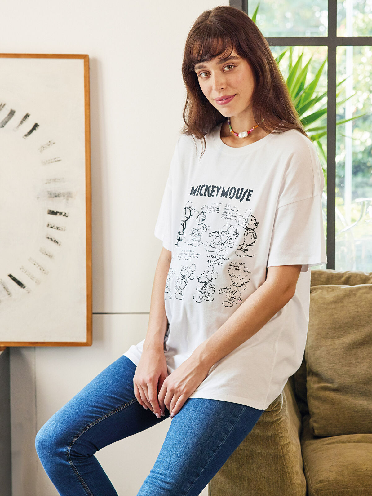 Bisiklet Yaka Mickey Mouse Baskılı Kısa Kollu Pamuklu Hamile Tişört