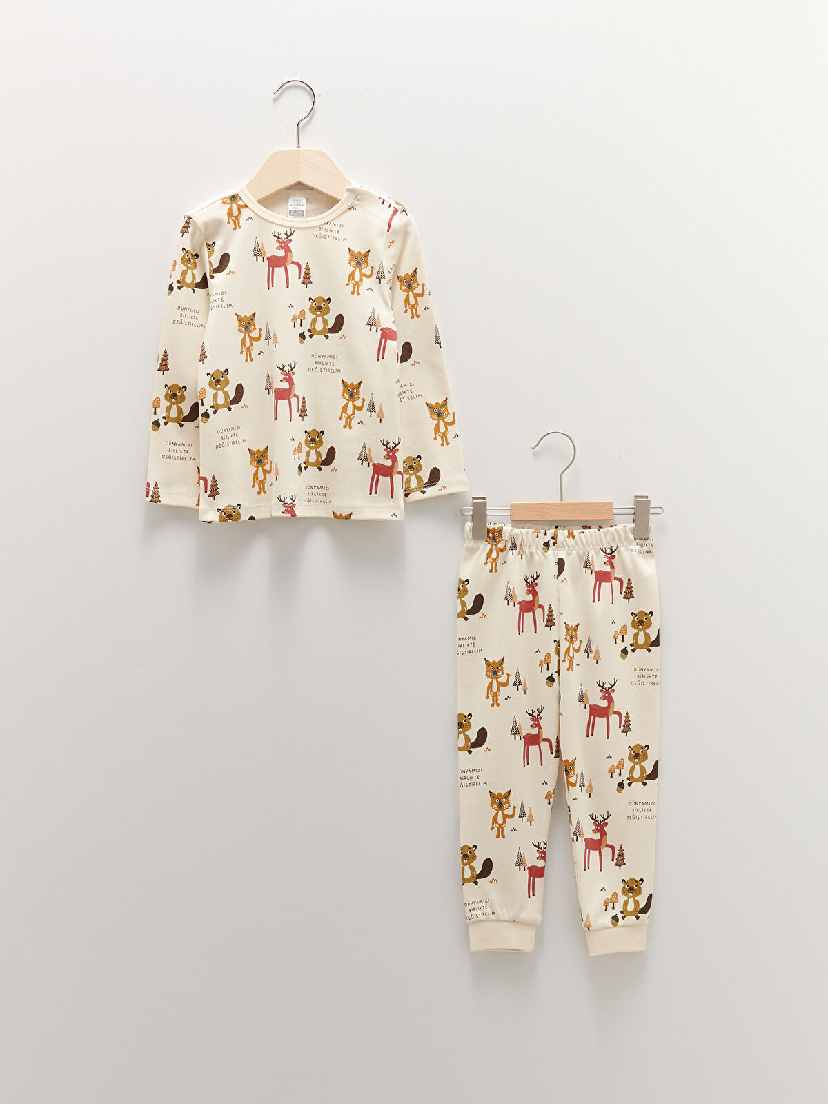 Bisiklet Yaka Uzun Kollu Nesli Tükenen Hayvan Temalı Vaşak Baskılı Pamuklu Erkek Bebek Pijama Takımı