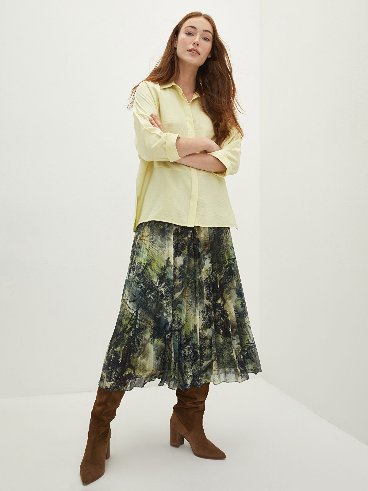 LCW CLASSIC Beli Lastikli Desenli Şifon Kumaş Kadın Pileli Etek