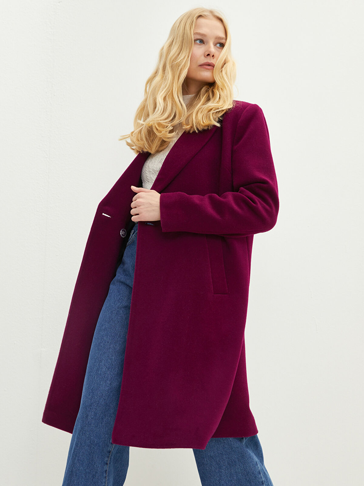 LCW CLASSIC Ceket Yaka Düz Uzun Kollu Kadın Kaşe Kaban