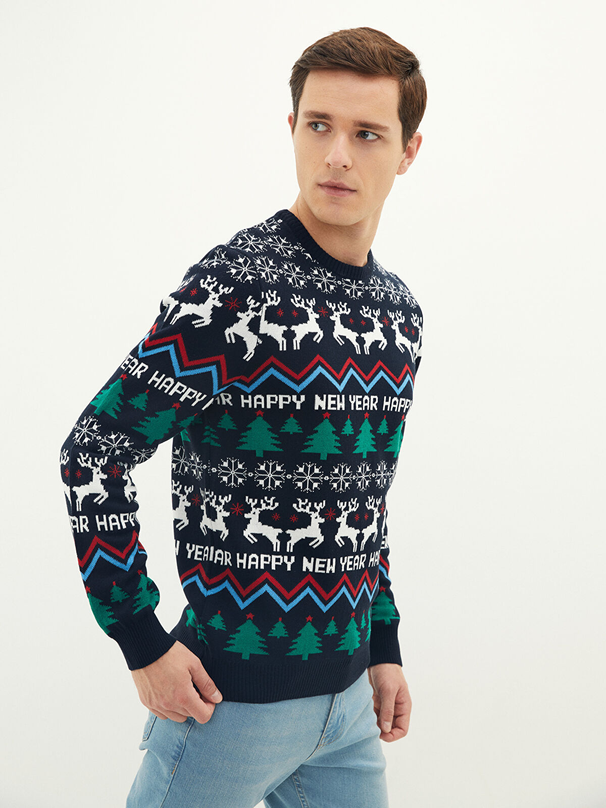 LCW CASUAL Bisiklet Yaka Uzun Kollu Yılbaşı Temalı Erkek Triko Kazak Baba ve Oğul Kombini