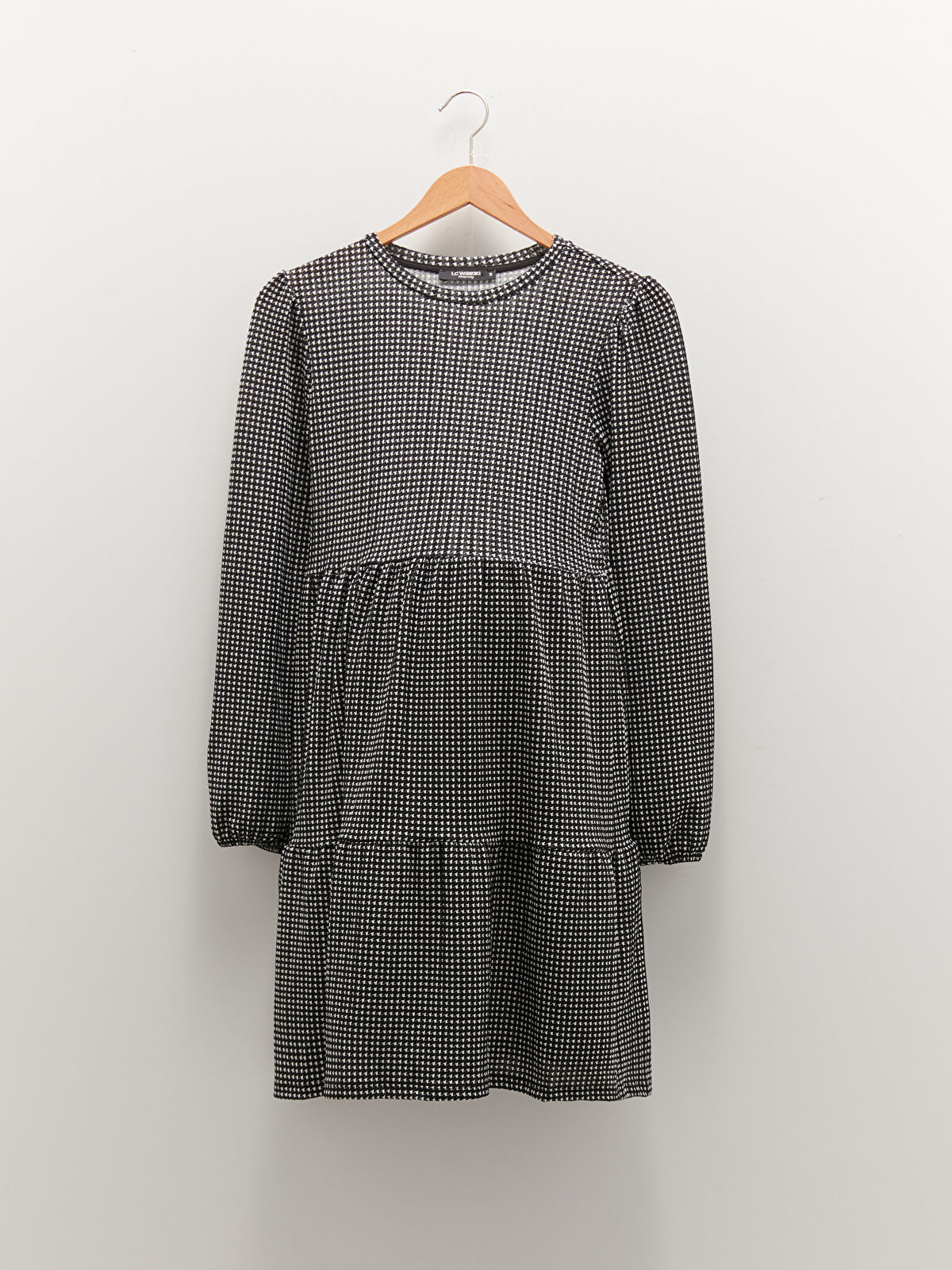 Bisiklet Yaka Kaz Ayağı Desenli Uzun Kollu Kaşkorse Kumaş Hamile Elbise