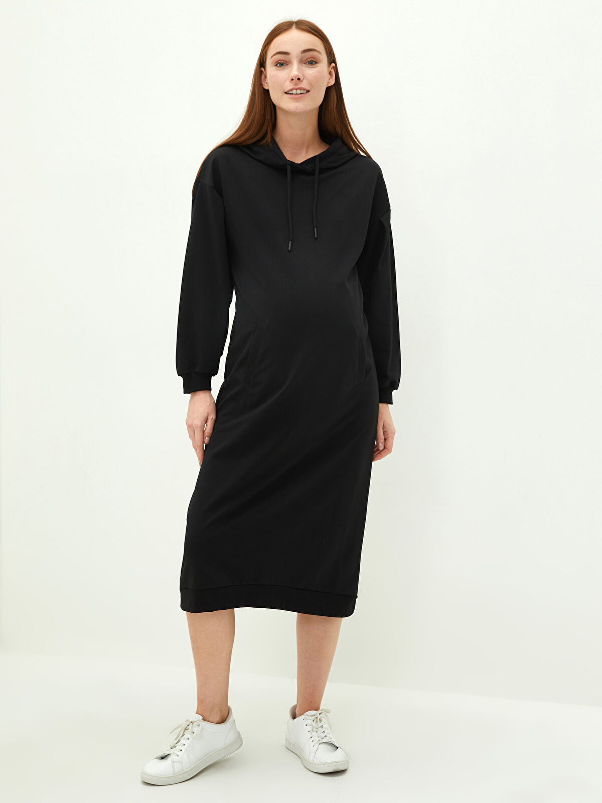 Kapüşon Yaka Düz Uzun Kollu Cep Detaylı Hamile Elbise