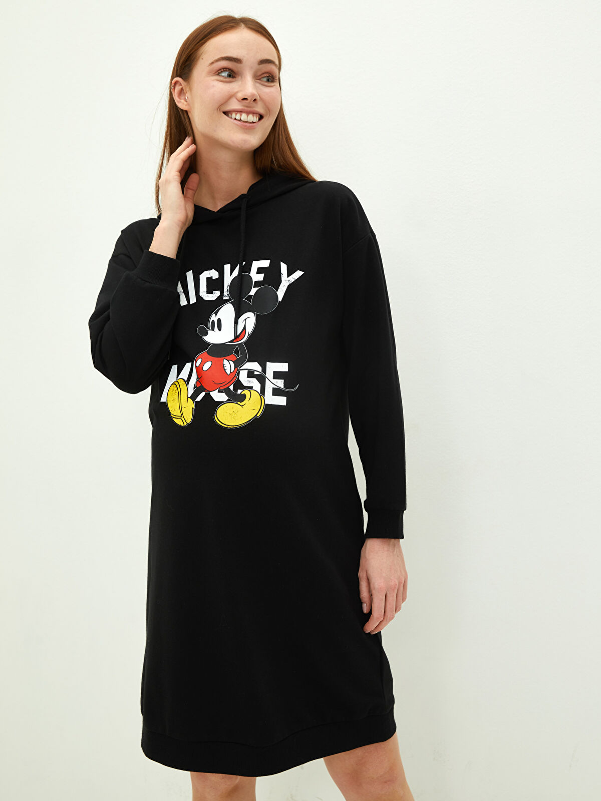 Kapüşon Yaka Mickey Mouse Baskılı Uzun Kollu Hamile Elbise