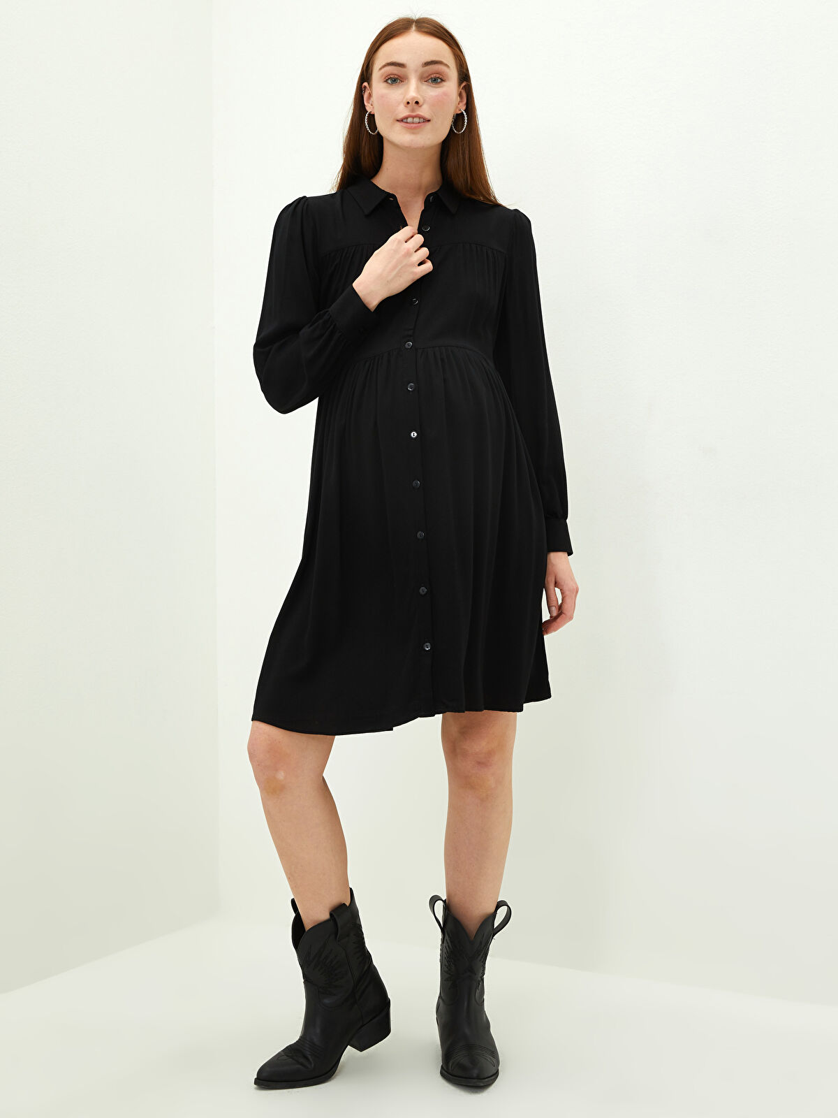 Gömlek Yaka Düz Uzun Kollu Belmando Kumaş Hamile Elbise