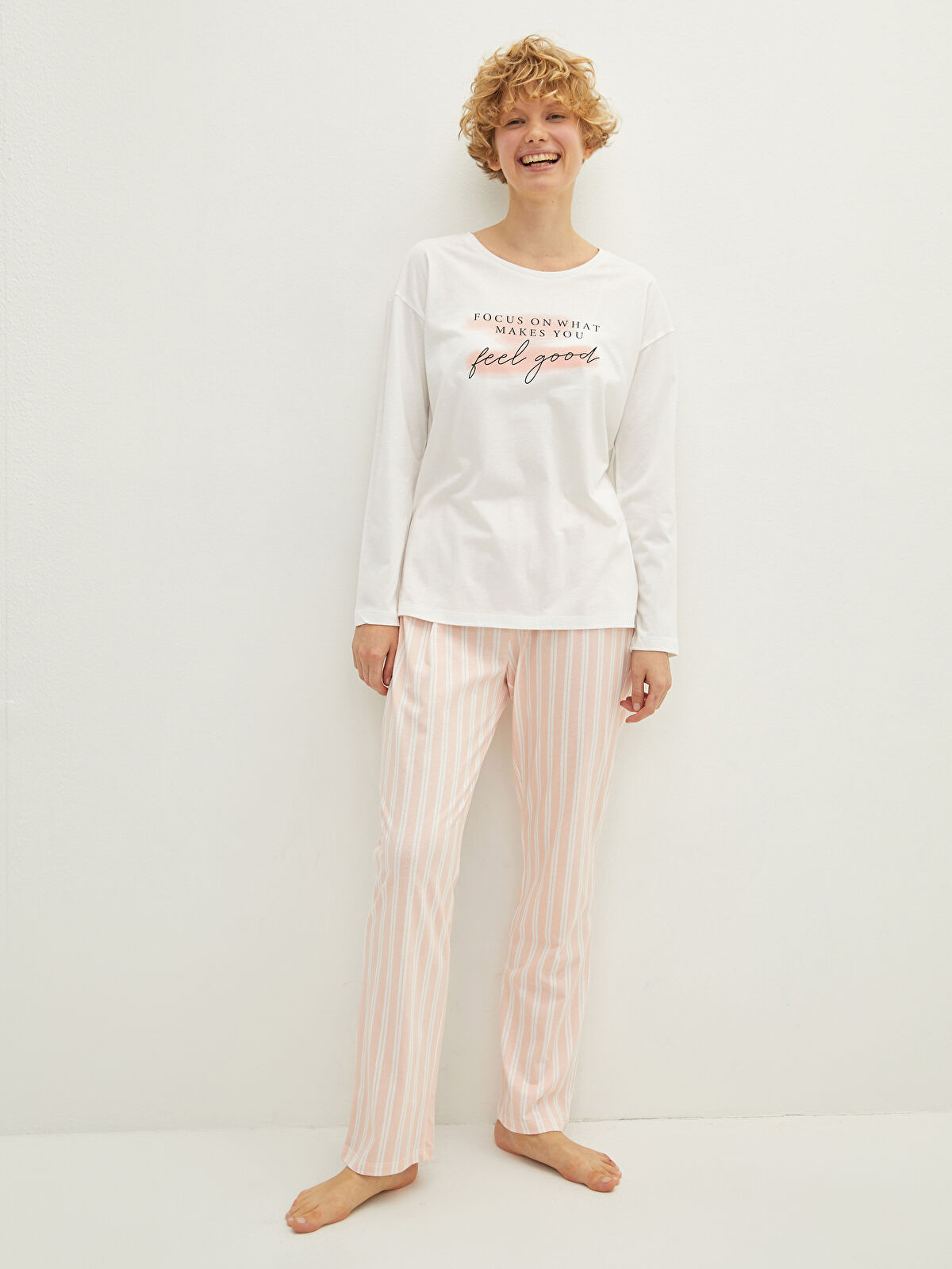 LCW GREEN Bisiklet Yaka Baskılı Uzun Kollu Organik Pamuklu Kadın Pijama Takımı