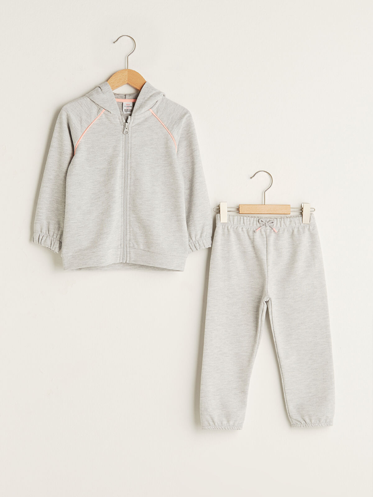 Kapüşonlu Uzun Kollu Basic Kız Bebek Fermuarlı Sweatshirt ve Pantolon 2'li Takım