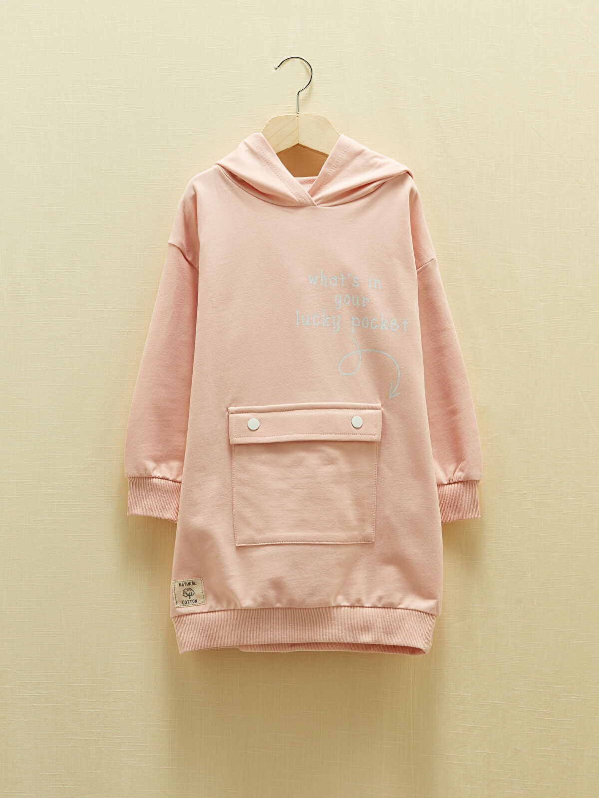 LCW GREEN Kapüşonlu Baskılı Uzun Kollu Organik Pamuklu Kız Çocuk Elbise