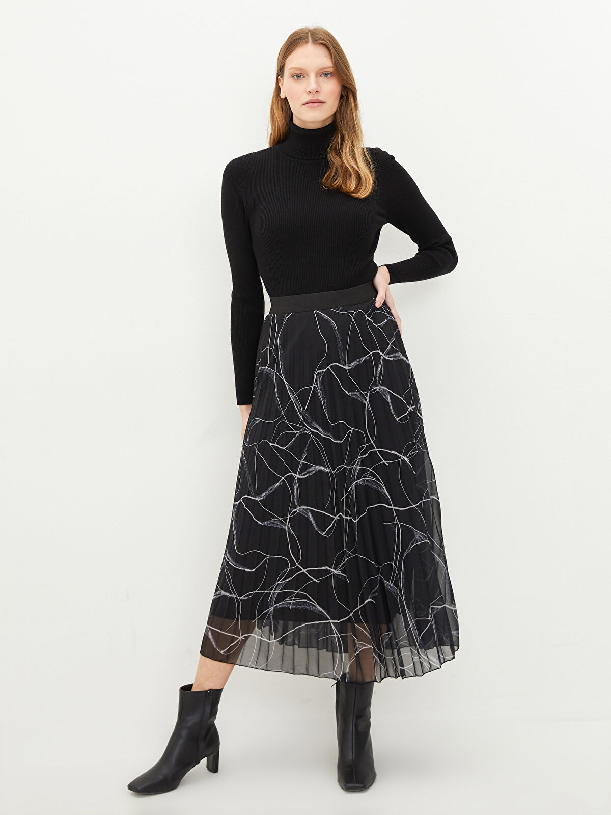 LCW CLASSIC Beli Lastikli Desenli Şifon Kumaş Kadın Pileli Etek