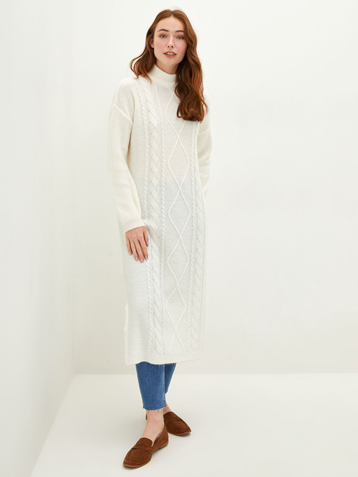 MODEST Yarım Balıkçı Yaka Kendinden Desenli Uzun Kollu Oversize Kadın Triko Tunik