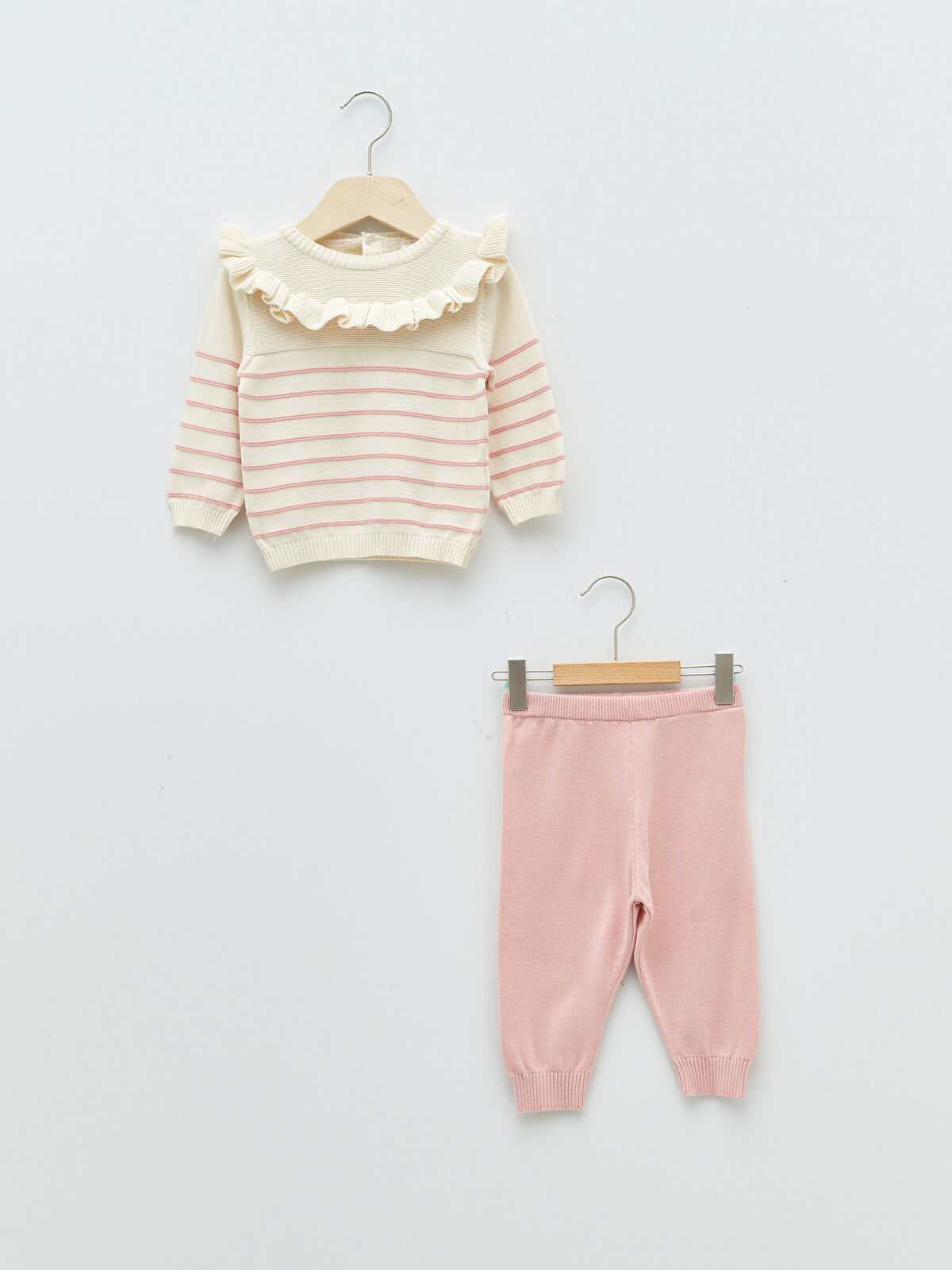 Bisiklet Yaka Uzun Kollu Çizgili Kız Bebek Triko Kazak ve Pantolon 2'li Takım