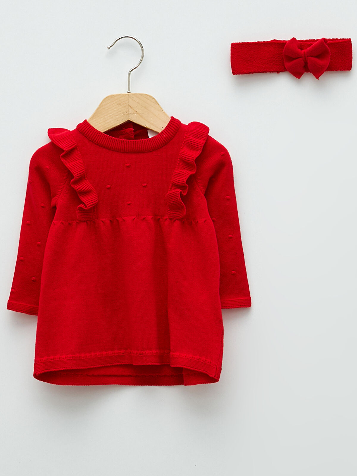 Bisiklet Yaka Uzun Kollu Kendinden Desenli Kız Bebek Triko Elbise ve Saç Bandı 2'li Takım