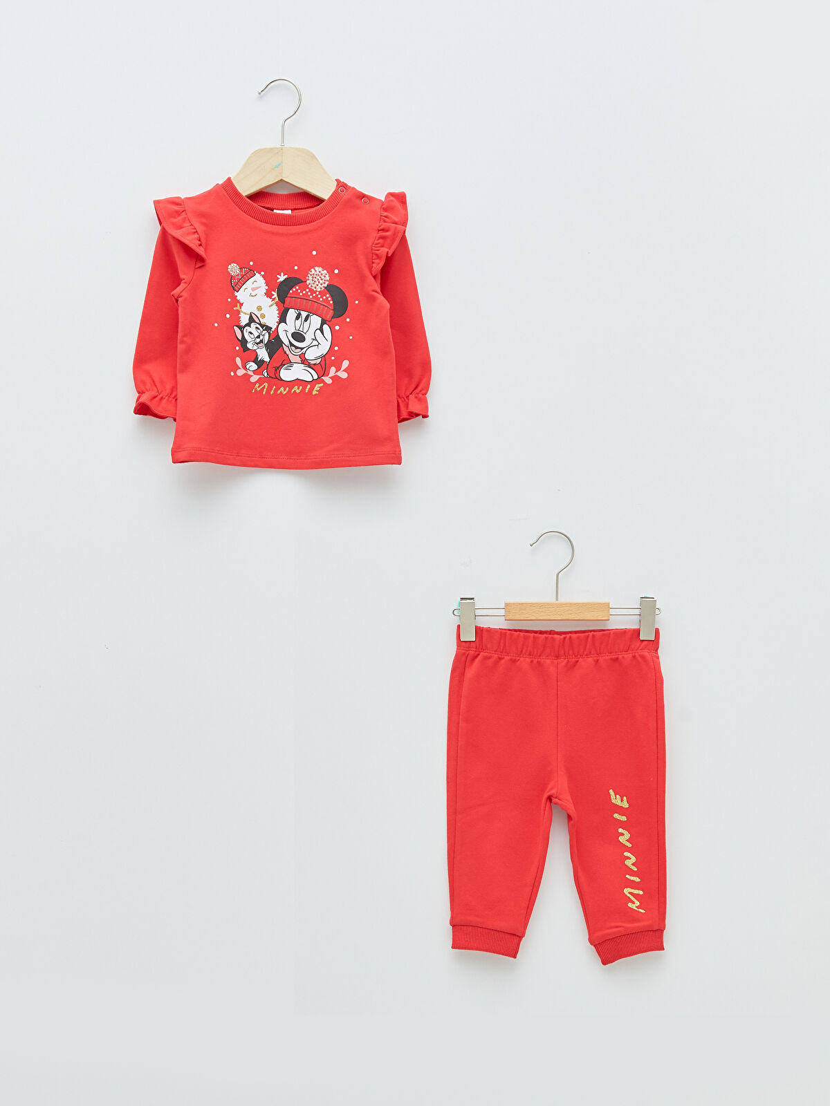 Bisiklet Yaka Uzun Kollu Yılbaşı Temalı Minnie Mouse Baskılı Kız Bebek Sweatshirt ve Pantolon 2'li Takım