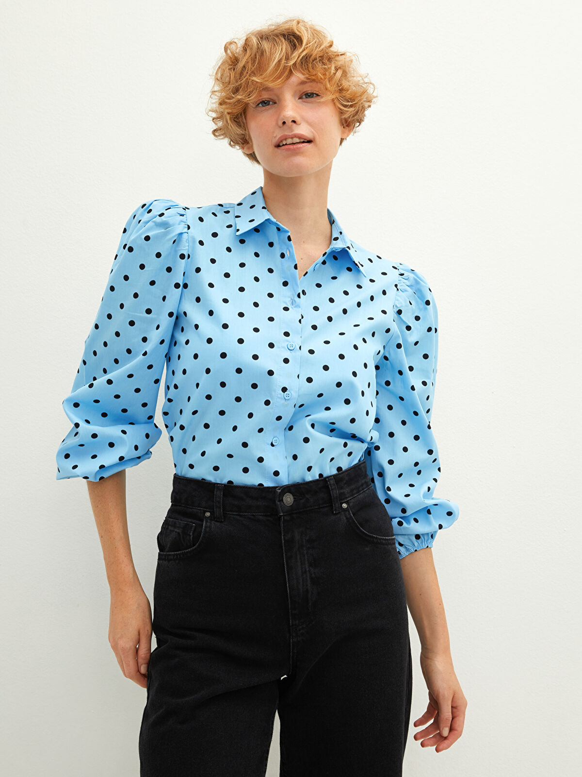 LCW CASUAL Puantiye Desenli Uzun Kollu Poplin Kadın Gömlek