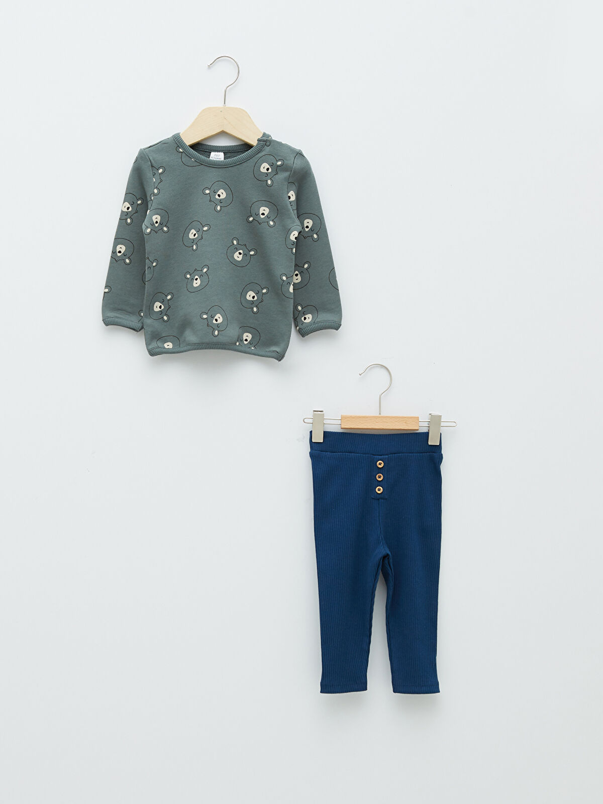 Bisiklet Yaka Uzun Kollu Baskılı Pamuklu Erkek Bebek Sweatshirt ve Tayt 2'li Takım