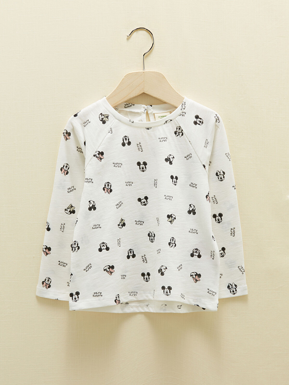 LCW GREEN Bisiklet Yaka Uzun Kollu Minnie ve Mickey Mouse Baskılı Organik Pamuklu Kız Bebek Tişört