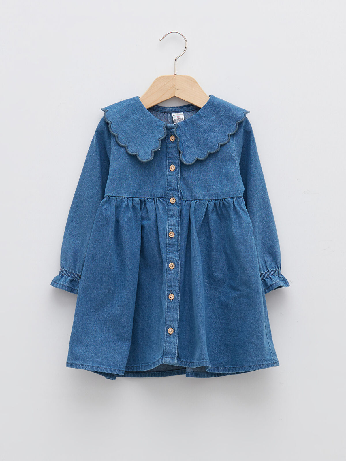 Bebe Yaka Uzun Kollu Pamuklu Kız Bebek Jean Elbise