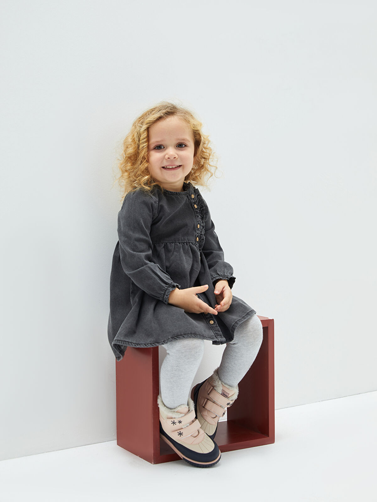 Bisiklet Yaka Uzun Kollu Basic Pamuklu Kız Bebek Jean Elbise